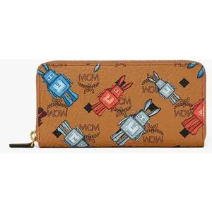 Mcm Aren Zip Around Wallet In Rabot Visetos - Cognac