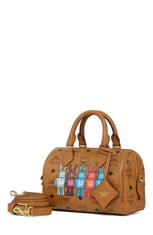 Mcm Small Ella Boston Bag In Visetos - Cognac
