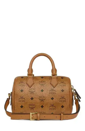 Mcm Small Ella Boston Bag In Visetos - Cognac