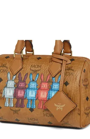 Mcm Small Ella Boston Bag In Visetos - Cognac