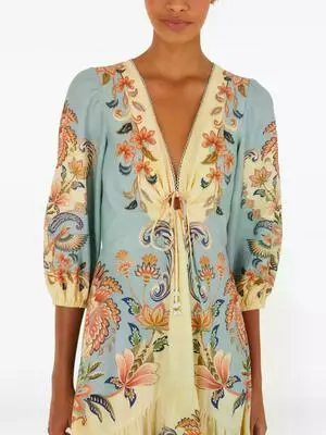 Farm Rio Floral Print V-Neck Midi Dress Blue