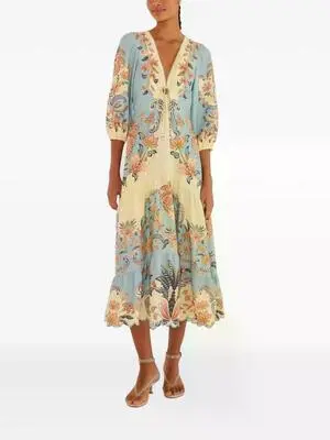 Farm Rio Floral Print V-neck Midi Dress - Blue