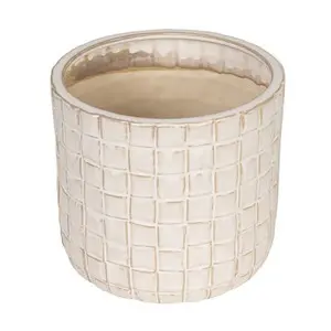 STORIED HOME Round Stoneware Planter With Woven Pattern - Cream