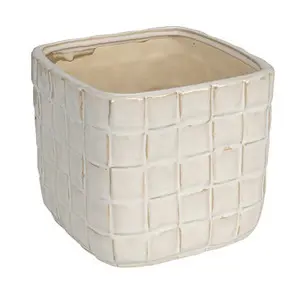 STORIED HOME Stoneware Planter With Debossed Woven Grid Pattern - White