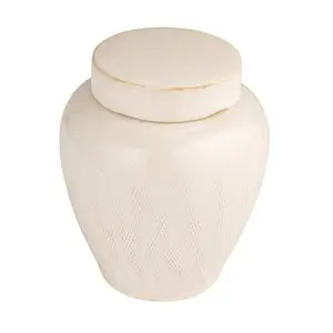 STORIED HOME Decorative Debossed Stoneware Ginger Jar With Pattern, Lid And Reactive Glaze - White