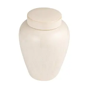 STORIED HOME Large Decorative Debossed Stoneware Ginger Jar With Pattern, Lid And Reactive Glaze - White