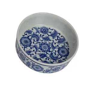 STORIED HOME Large Stoneware Pet Bowl With Design - Blue