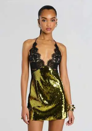 Retrofete Edda Lace Embellished Mini Dress - Ochre/black