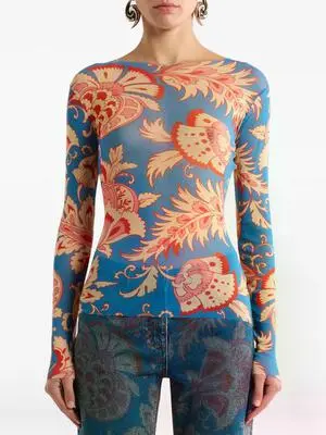 Etro Stretch Tulle Floral Motif Long Sleeve Top - Blue