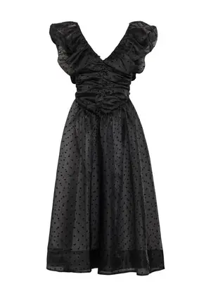 GANNI Polka-dot Ruched Organza Midi Dress