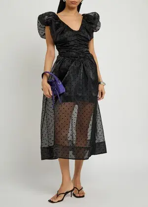 GANNI Polka-dot Ruched Organza Midi Dress