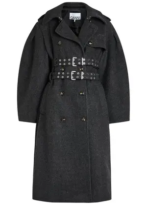 GANNI Belted Wool-blend Trench Coat