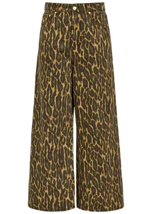 GANNI Leopard-print Wide-leg Jeans - Khaki