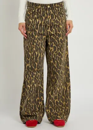 GANNI Leopard-print Wide-leg Jeans - Khaki