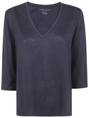 Majestic International Filatures Three Quarter Sleeve V-neck Shirt In Linen - Black