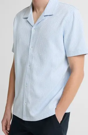 Vince Stripe Seersucker Button Down Top - Rainwater/optic White