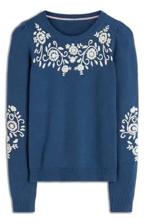 Boden Davina Embroidered Puff Sleeve Sweater