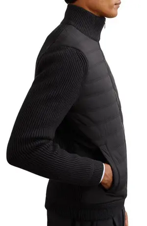 REISS Ribbed & Quilted Hybrid Jacket - Navy