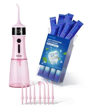MYSMILE Lp221 Cordless Uvc Sterilizable Water Flosser With 30 Mint Refreshing Mouthwash Bundle - Pink
