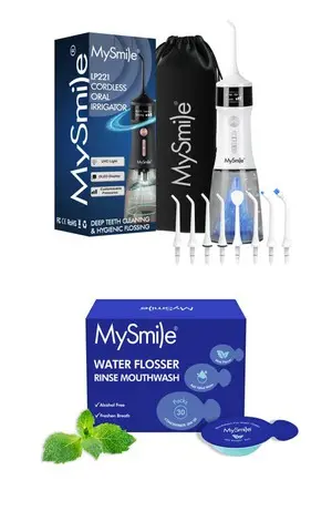 MYSMILE Lp221 Cordless Uvc Sterilizable Water Flosser With Mouthwash Pods Bundle - White