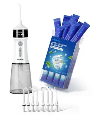 MYSMILE Lp221 Cordless Uvc Sterilizable Water Flosser With 30 Mint Refreshing Mouthwash Bundle - White