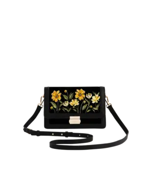 FABLE ENGLAND Botanical Velvet Embroidered Foldover Bag - Black