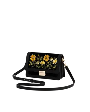 FABLE ENGLAND Botanical Velvet Embroidered Foldover Bag - Black