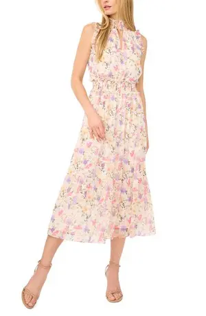 CECE DUPRAZ Floral Print Mock Neck Midi Dress - New Ivory