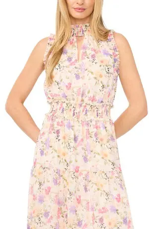 CECE DUPRAZ Floral Print Mock Neck Midi Dress - New Ivory