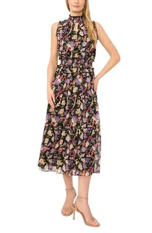 CECE DUPRAZ Floral Print Mock Neck Midi Dress - Rich Black