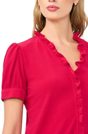 CECE DUPRAZ Ruffle Trim Button-up Knit Top - Rose Cerise