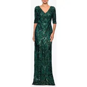 Betsy & Adam Sequin V-neck Gown