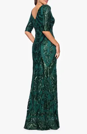 Betsy & Adam Sequin V-neck Gown