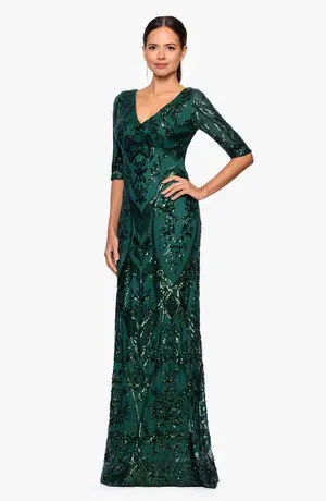 Betsy & Adam Sequin V-neck Gown