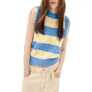 Deluc Nerja Stripe Pointelle Stitch Cotton Blend Vest - Light Blue/ecru