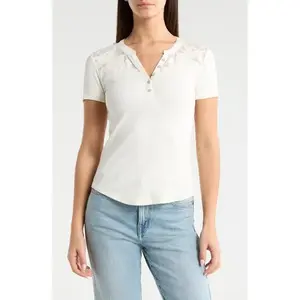 Lucky Brand Cutwork Henley Top - Whisper White