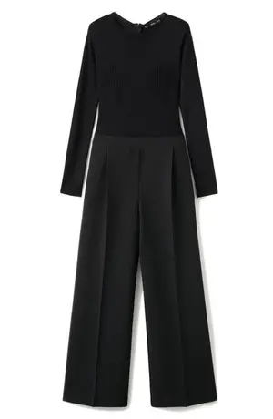 Mango Long Sleeve Wide Leg Mixed Media Jumpsuit - Black