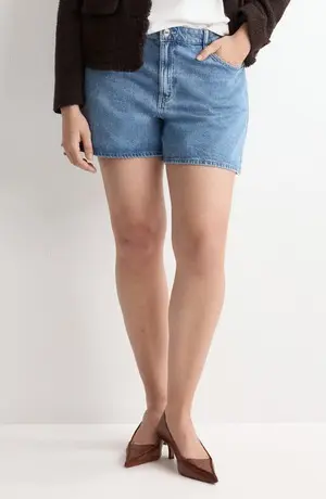 Mango High Waist Straight Fit Denim Shorts - Medium Blue