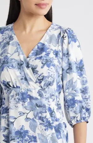 CONNECTED APPAREL Floral Print Puff Shoulder Midi Dress - Blue