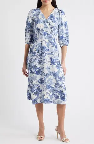 CONNECTED APPAREL Floral Print Puff Shoulder Midi Dress - Blue