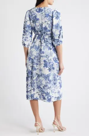 CONNECTED APPAREL Floral Print Puff Shoulder Midi Dress