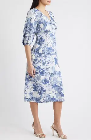 CONNECTED APPAREL Floral Print Puff Shoulder Midi Dress