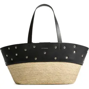 Altuzarra Knot Studded Leather & Straw Basket Tote - 381001 Black/silver