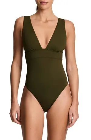Polo Ralph Lauren Plunge Neck One-piece Swimsuit - Dark Olive