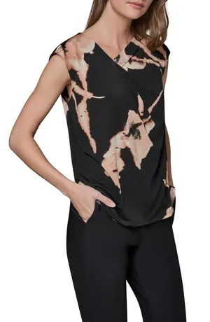 Donna Karan New York Floral Asymmetric Neck Top - Black Multi