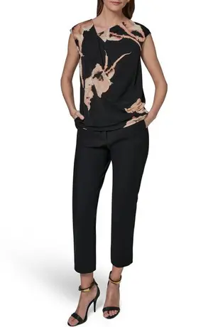Donna Karan New York Floral Asymmetric Neck Top - Black Multi
