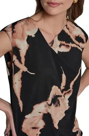 Donna Karan New York Floral Asymmetric Neck Top - Black Multi