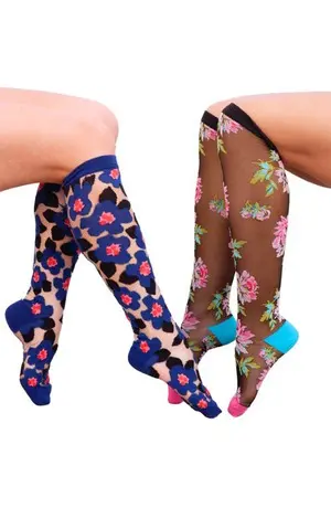 SOCK CANDY 2-pack Floral Sheer Knee High Socks - Blue/black