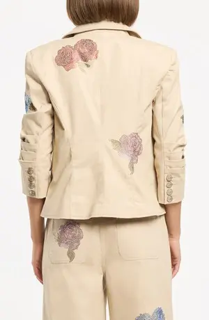 Cinq À Sept Beaded Floral Cotton Blend Jacket - Khaki Multi