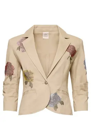 Cinq À Sept Beaded Floral Cotton Blend Jacket - Khaki Multi
